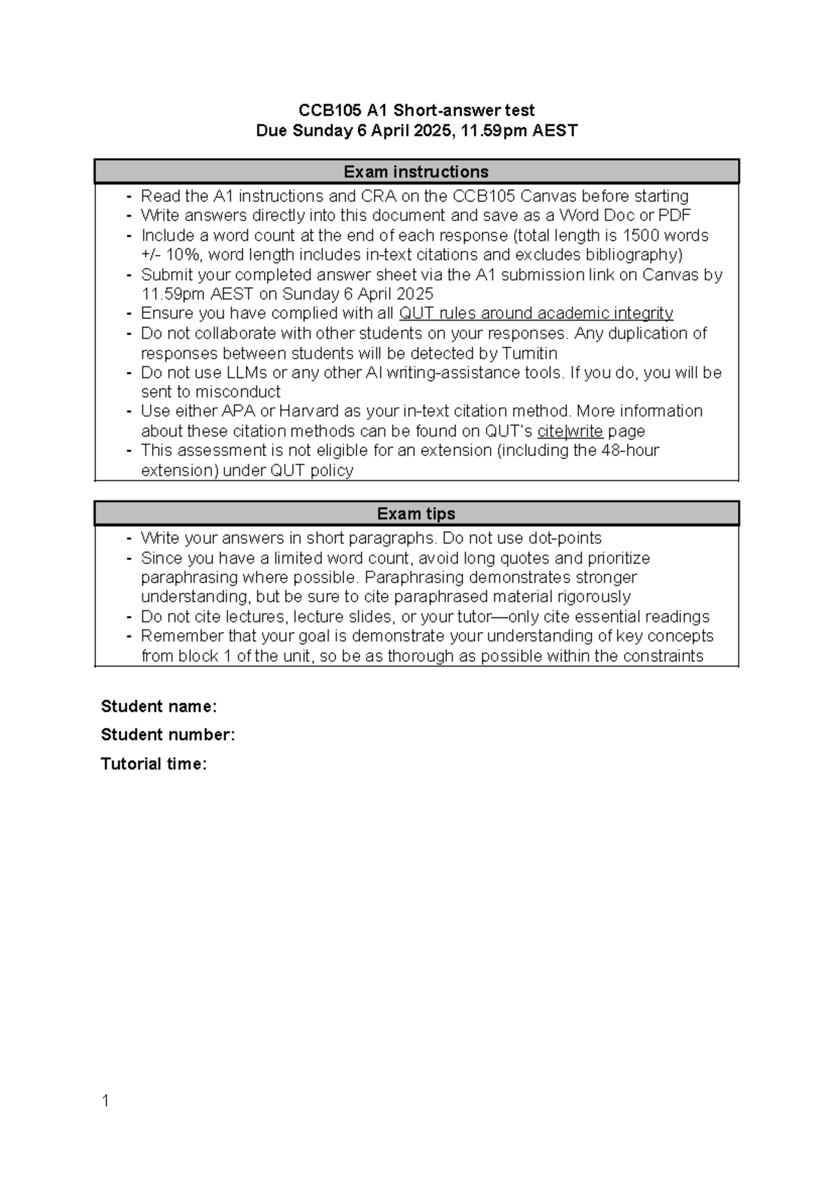 CCB105 A1 Short-Answer Test Instructions & Guidelines 2025 - Studocu