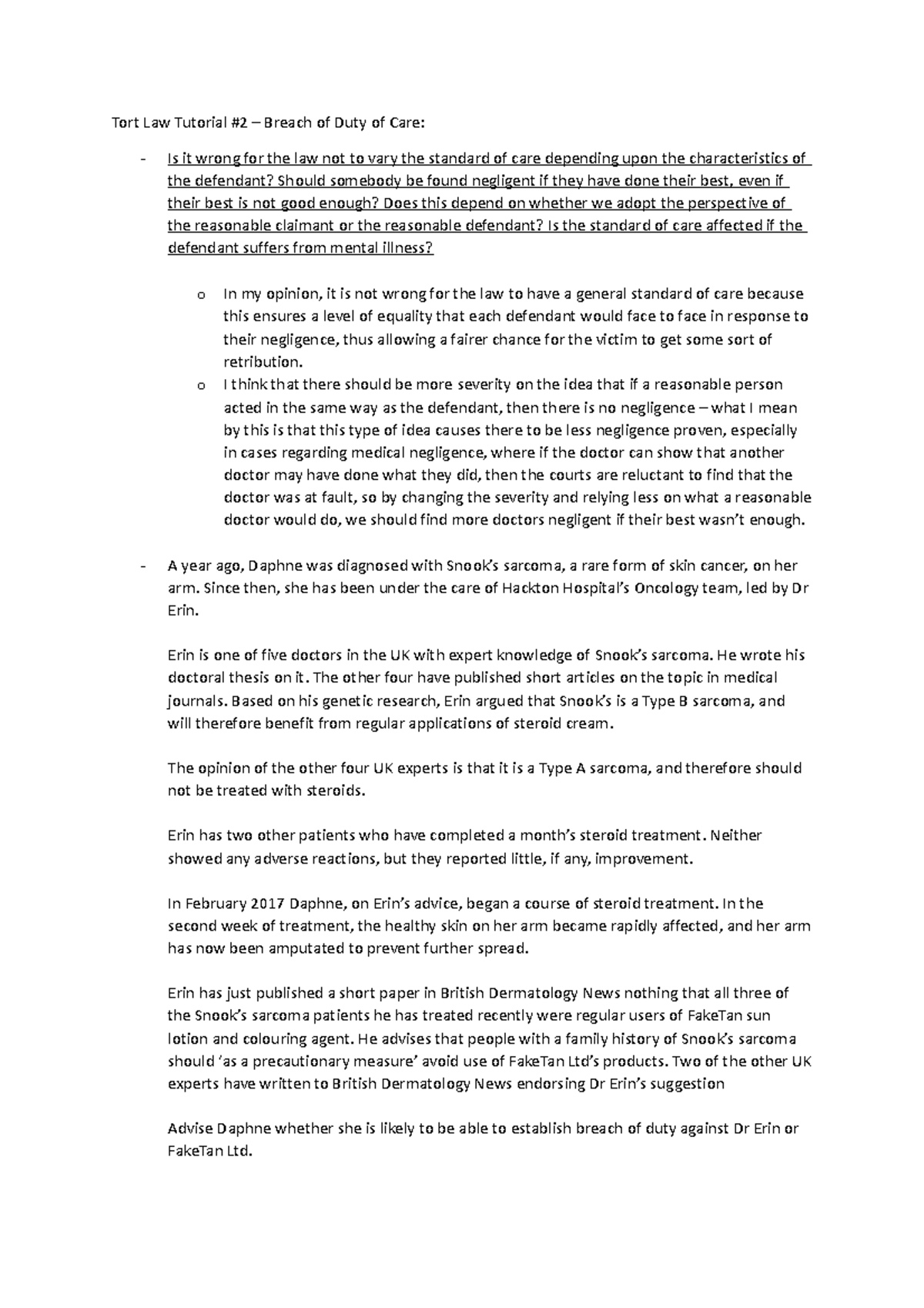 Tort Law Tutorial 2: Exploring Breach of Duty of Care - Studocu