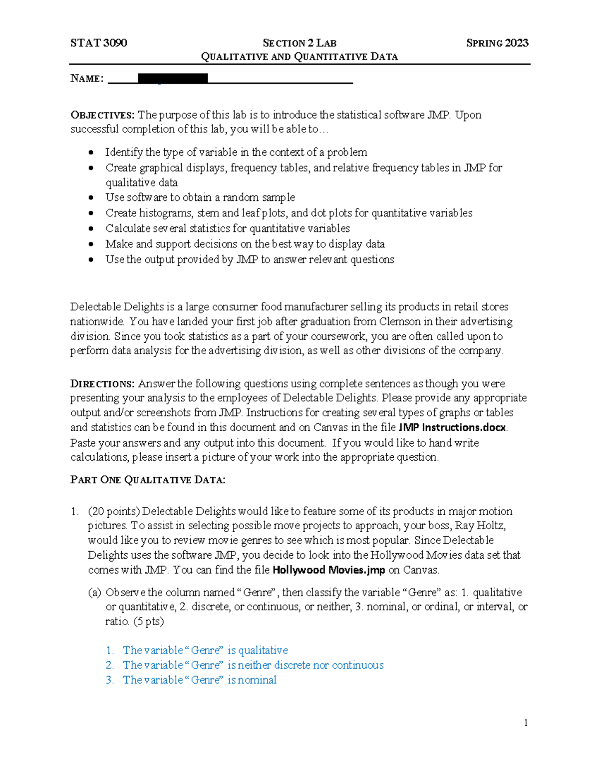 Statistical Analysis Lab Report for Stat 3090: Qualitative ...