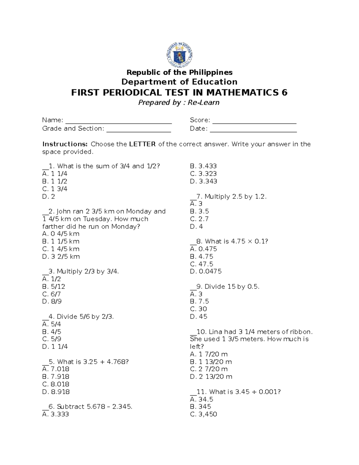 Mathematics 6 First Periodical Test Q1 - Answer Key and Specs - Studocu