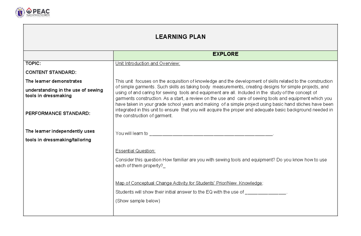 TLE8 - Lesson Plan: Introduction to Sewing Tools and Garment Construction - Studocu