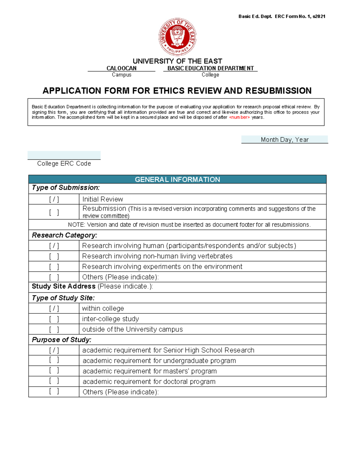 Application for Ethics Review - CERC Form No. 1, s2021 - Studocu