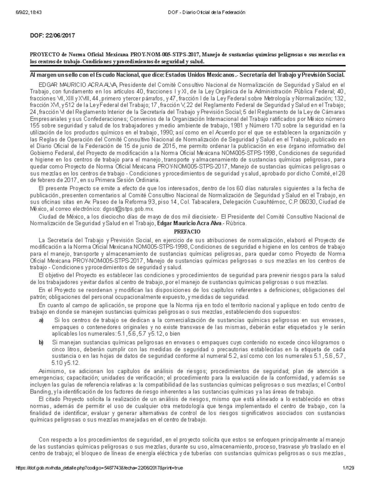 NOM 005 STPS 2017 - resumen de nom 005 - DOF: 22/06/ PROYECTO de Norma Oficial Mexicana - Studocu