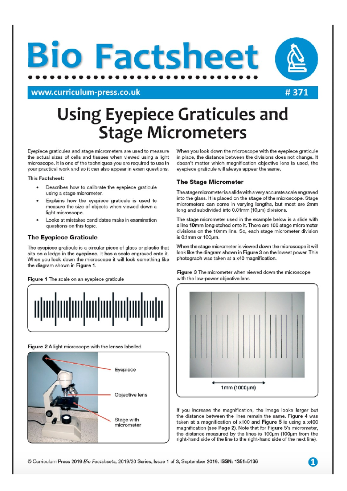 Bio Factsheet 371: Using Eyepiece Graticules & Stage Micrometers - Studocu