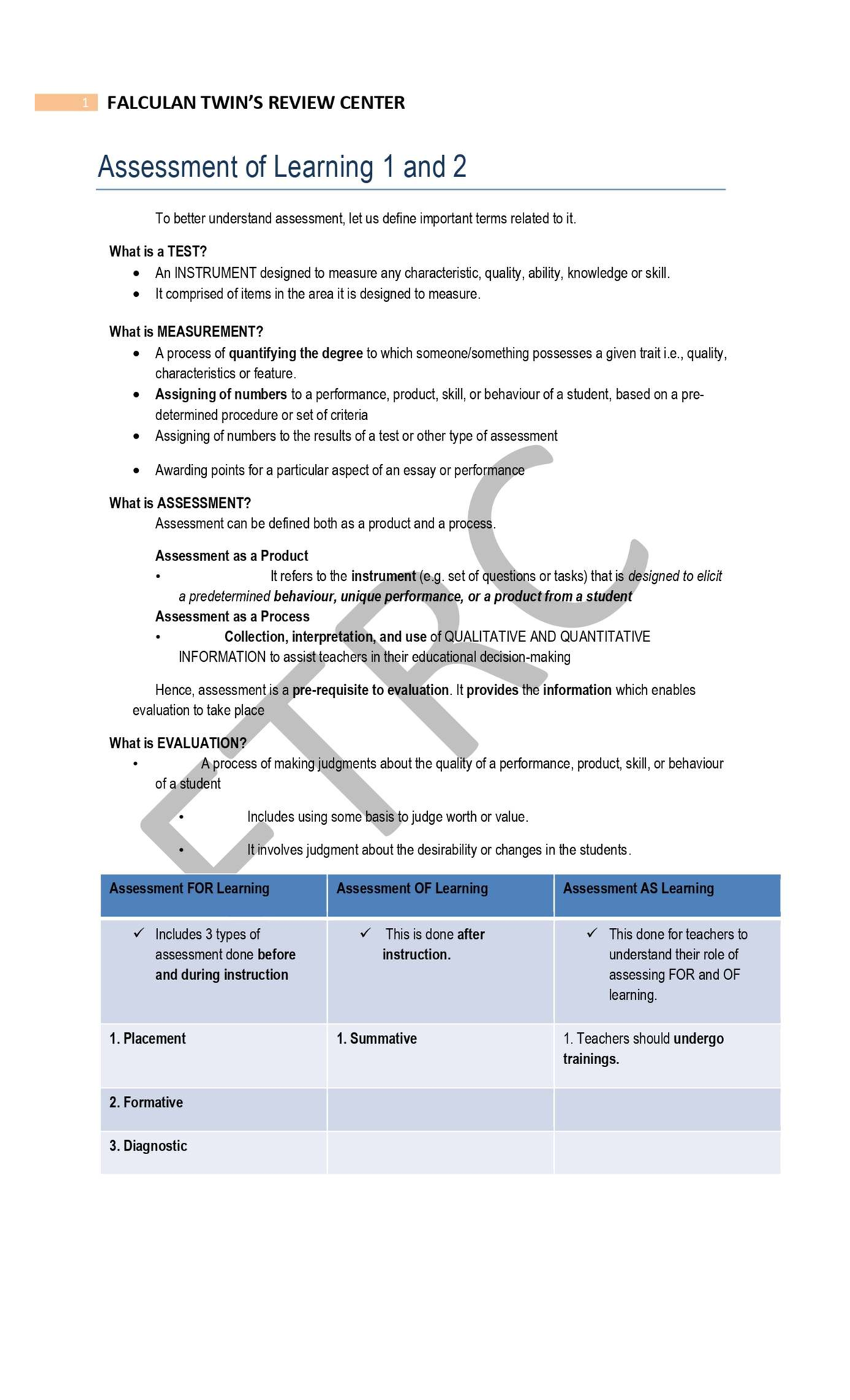 1 FALCULAN REVIEW CENTER Assessment of Learning: Key Concepts and Methods - Studocu