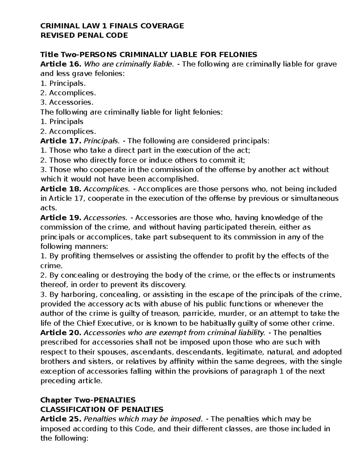 Criminal LAW 1 Finals Coverage - CRIMINAL LAW 1 FINALS COVERAGE REVISED PENAL CODE Title Two ...