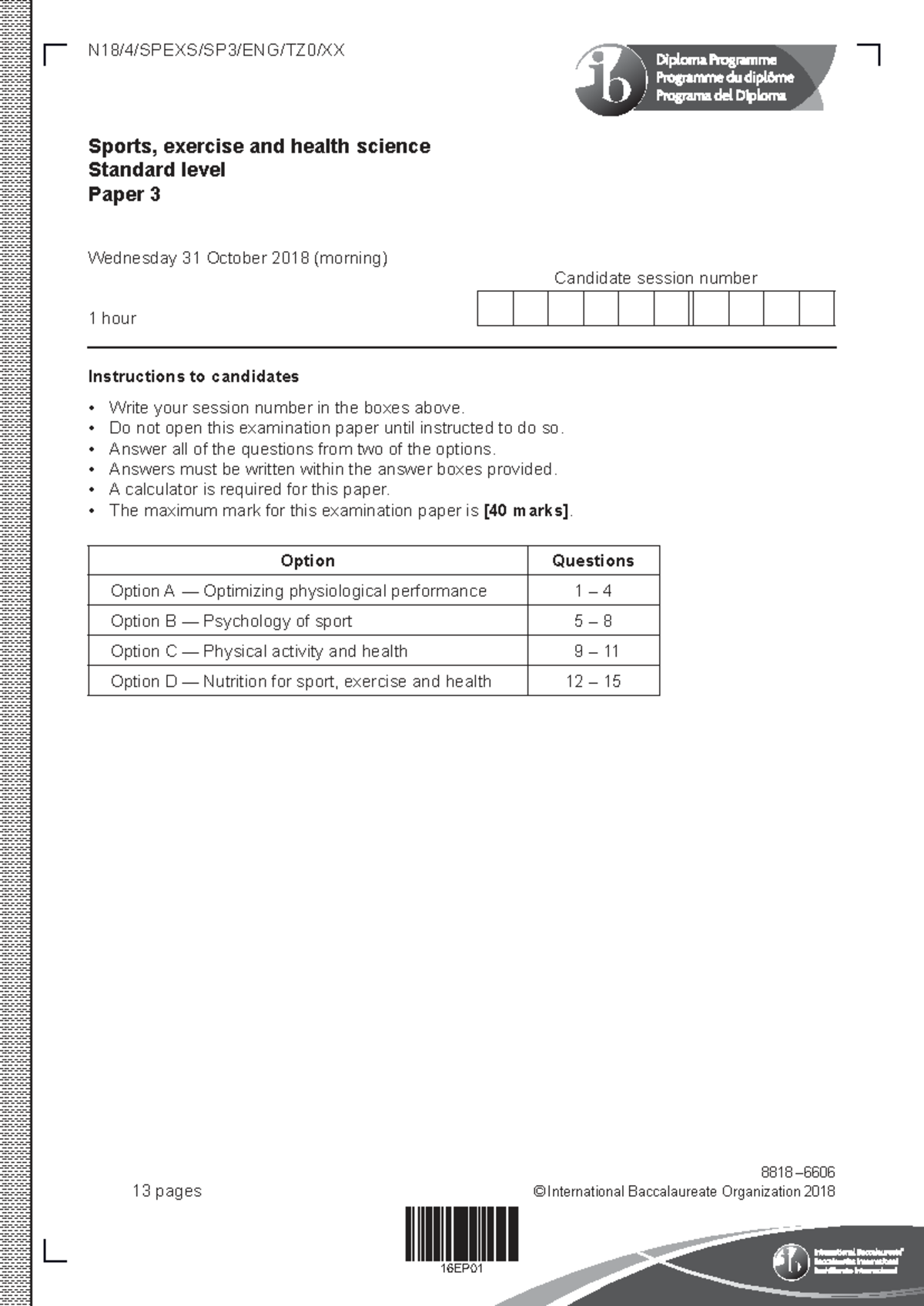 Sports, Exercise and Health Science SL Paper 3 Exam - 31 Oct 2018 - Studocu