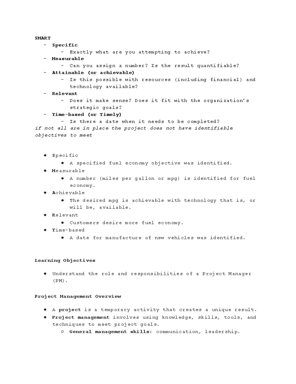 Project Management Notes and Strategies - Course Code PM101 - SMART ...