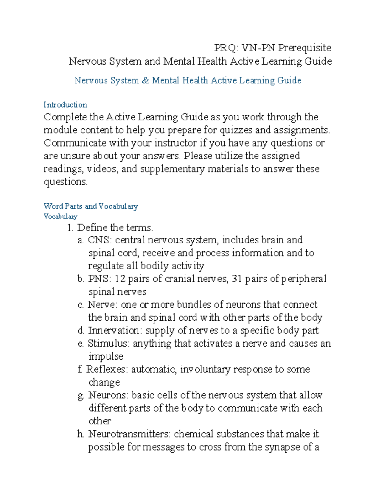 PRQ: Nervous System & Mental Health Active Learning Guide - Studocu