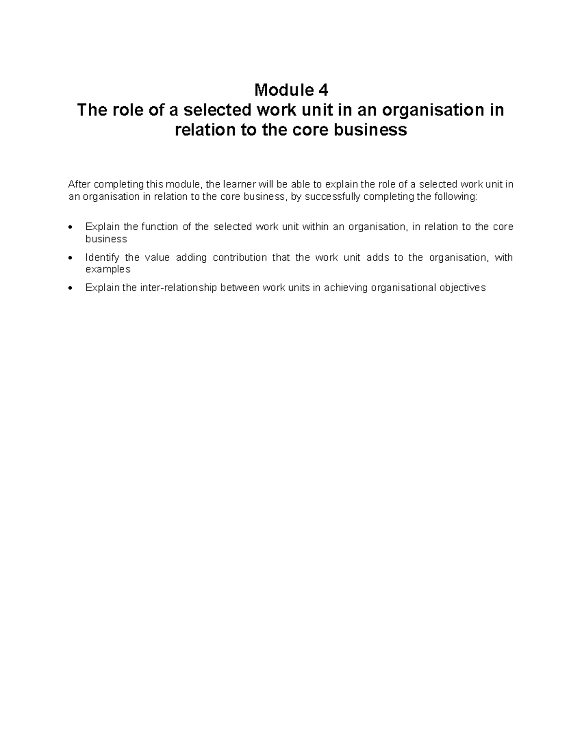 The Role of Work Units in Relation to Core Business - Module 4 - Studocu