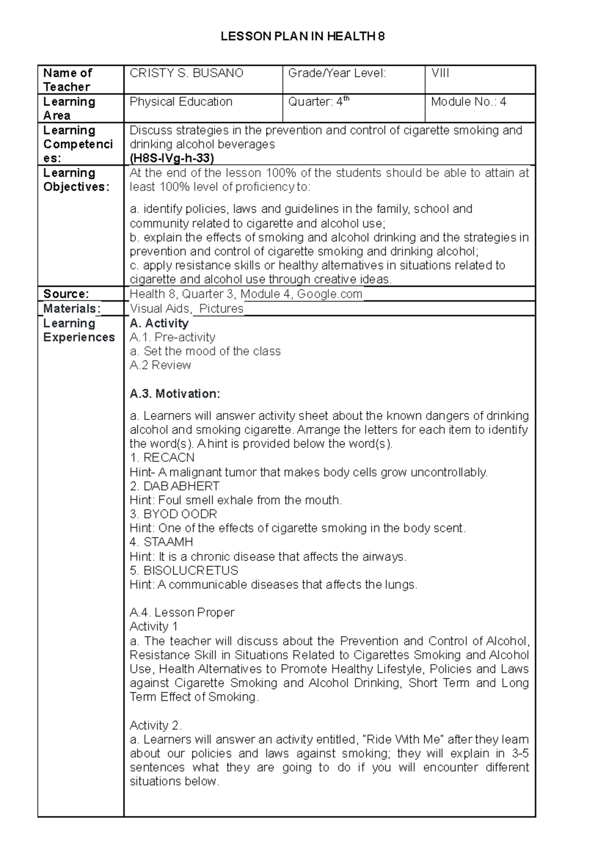 Health 8 Lesson Plan: Preventing Cigarette & Alcohol Use - Studocu