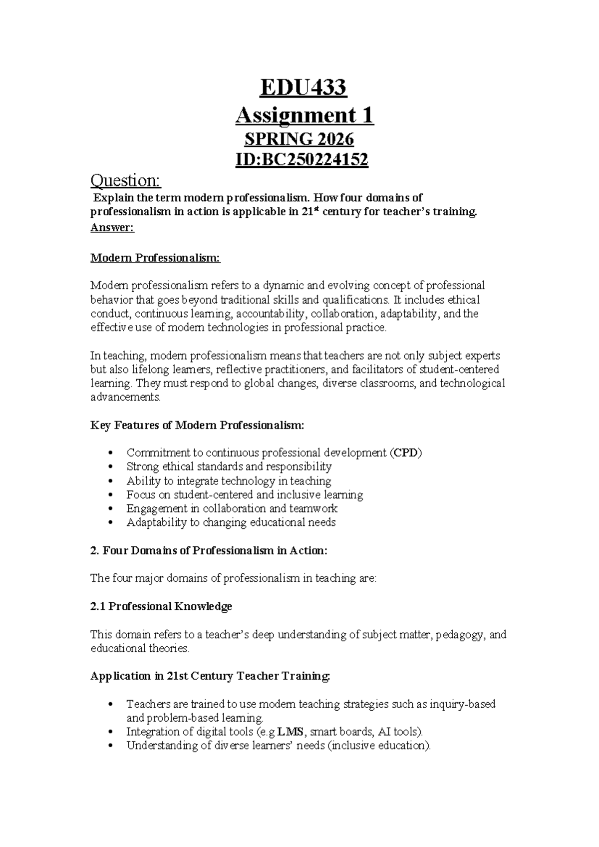 EDU433 Assignment 1: Understanding Modern Professionalism in Teaching ...