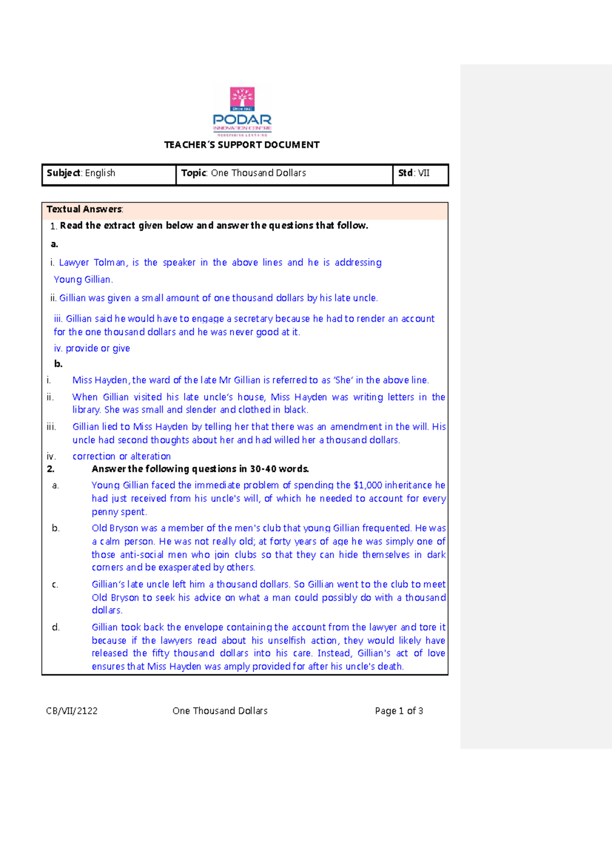 TSD CB VII Comprehensive Study Guide: One Thousand Dollars Analysis ...