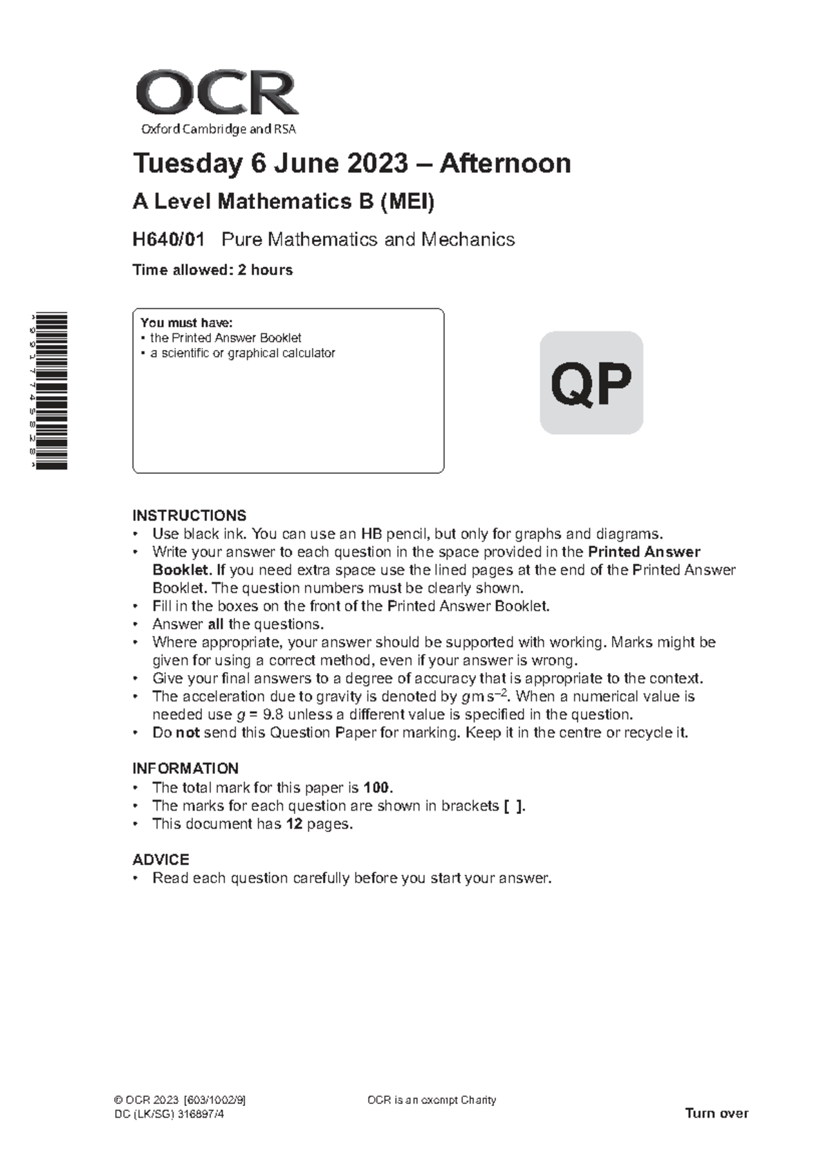 A Level Mathematics B (MEI) Pure Mathematics & Mechanics Exam QP - June ...