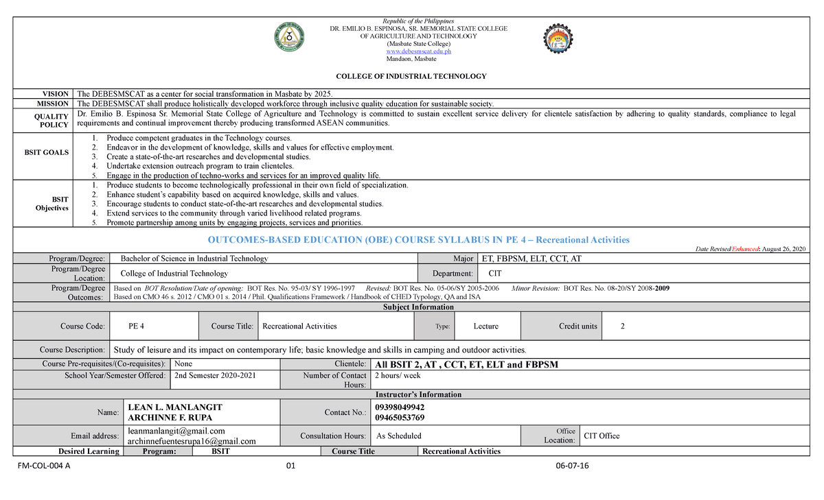 Revised Course Syllabus for PE 4 - Recreational Activities - Studocu