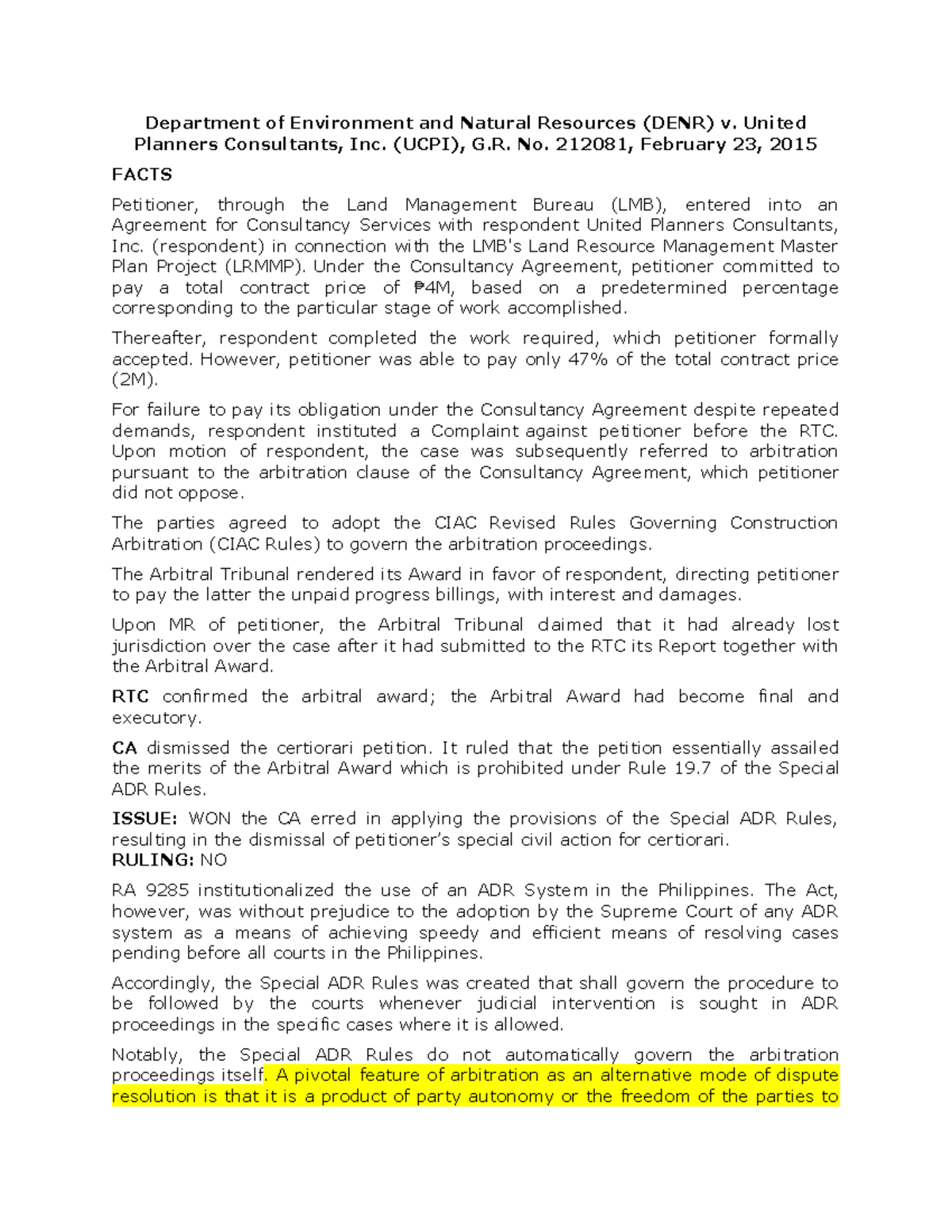 DENR vs UCP - Arbitration Case Digest on Consultancy Agreement - Studocu
