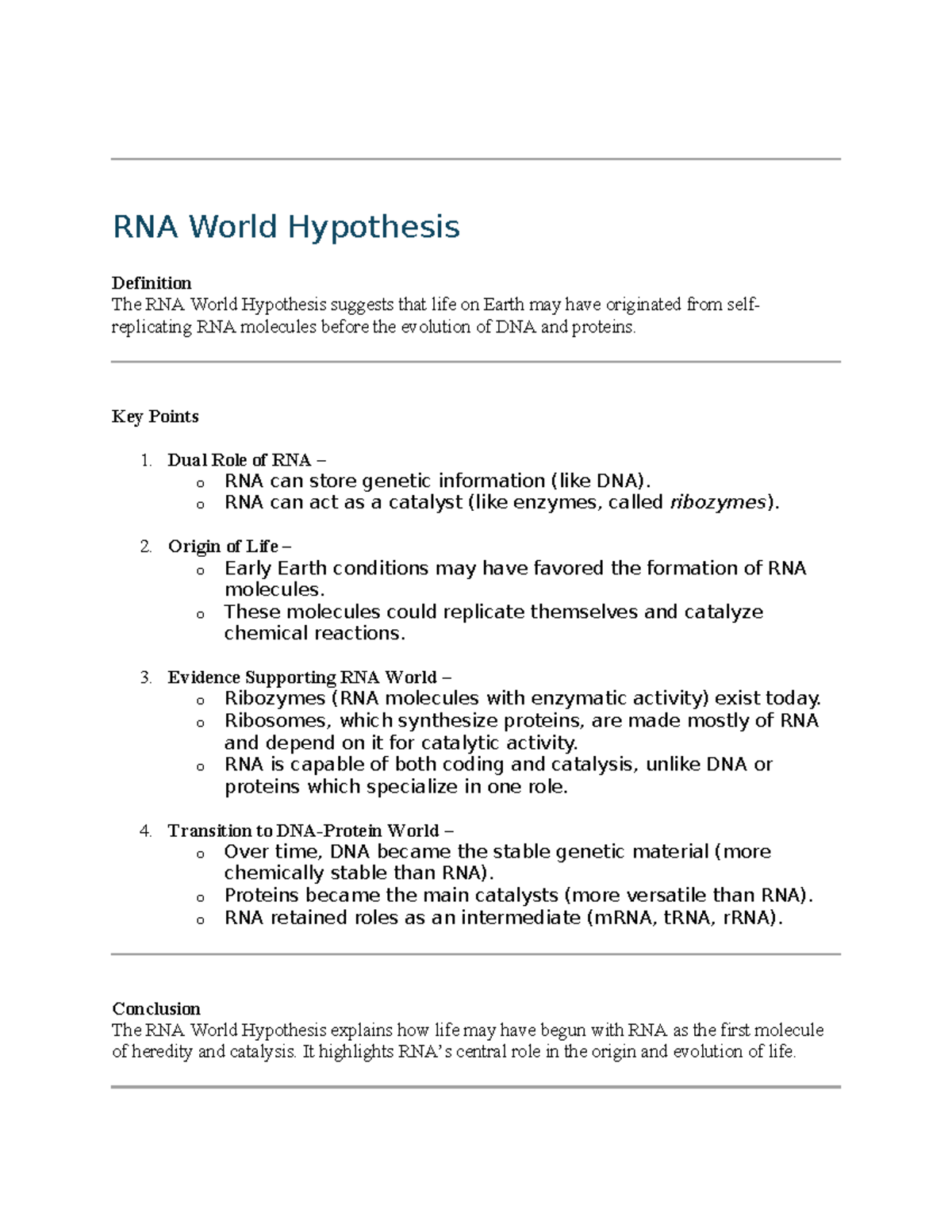 RNA World Hypothesis Summary: Key Points & Insights - Studocu