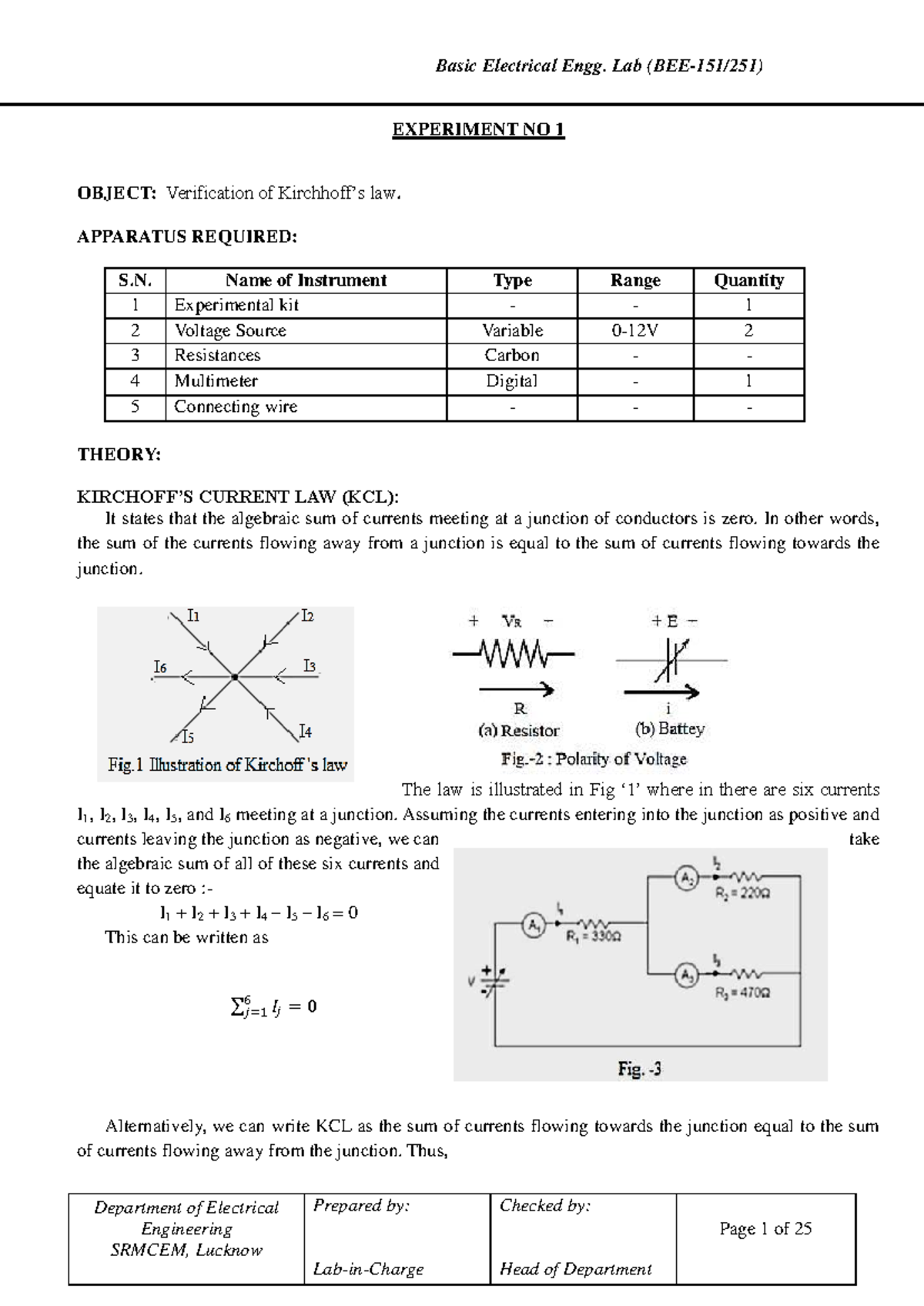 Basic Electrical Engg. Lab: Experiment 1 - Verification of KCL & KVL - Studocu