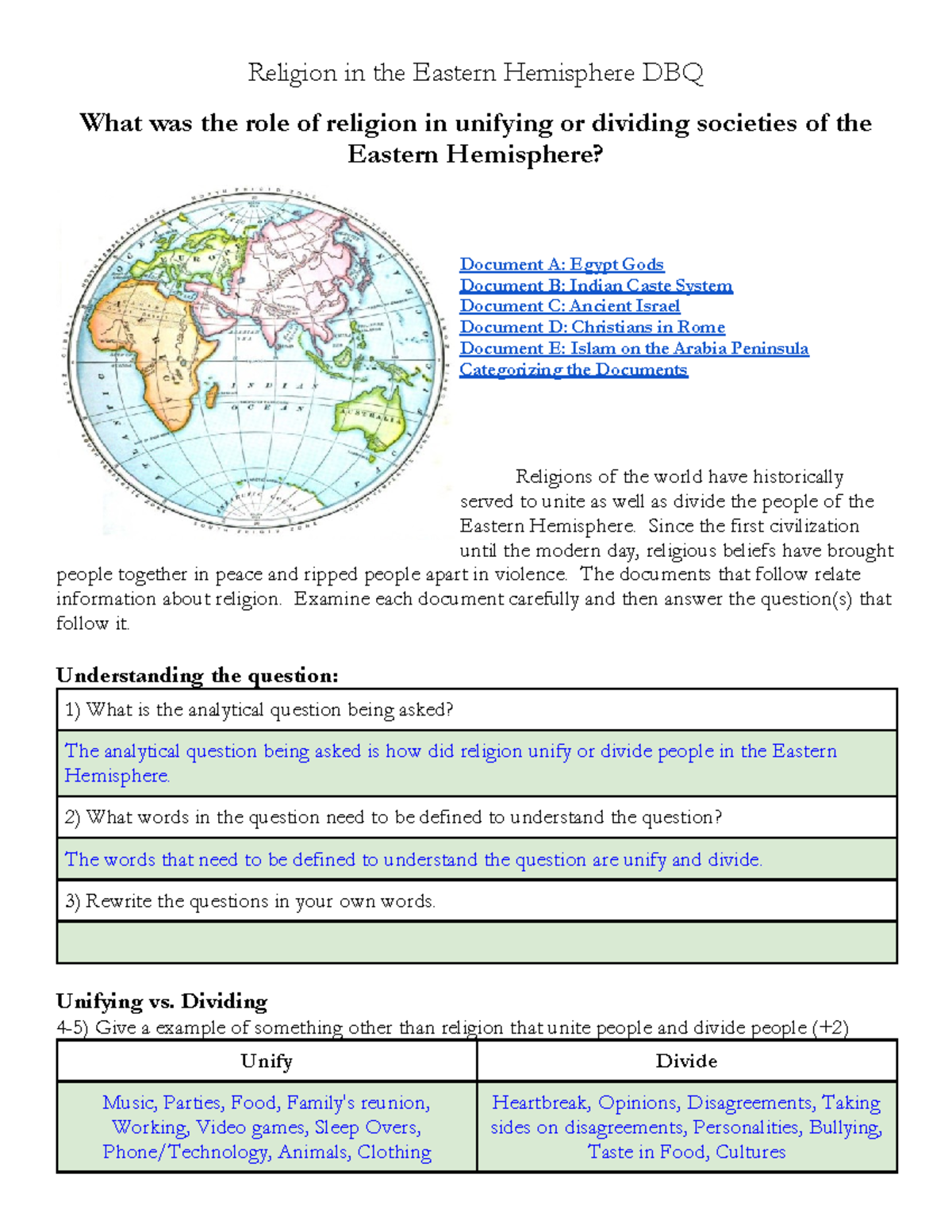 Religion in the Eastern Hemisphere DBQ: Unifying or Dividing Forces ...