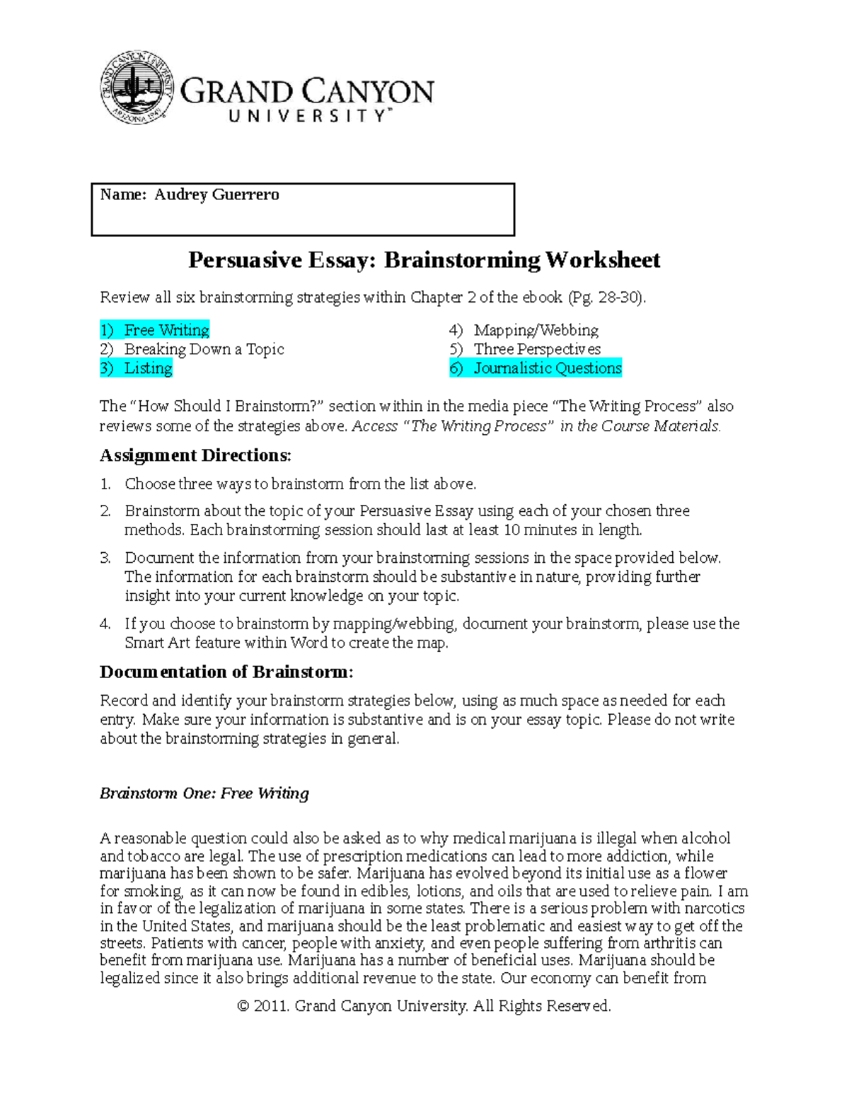 Guerrero, Audrey 042323 Brainstorming Worksheet - Name: Audrey Guerrero ...