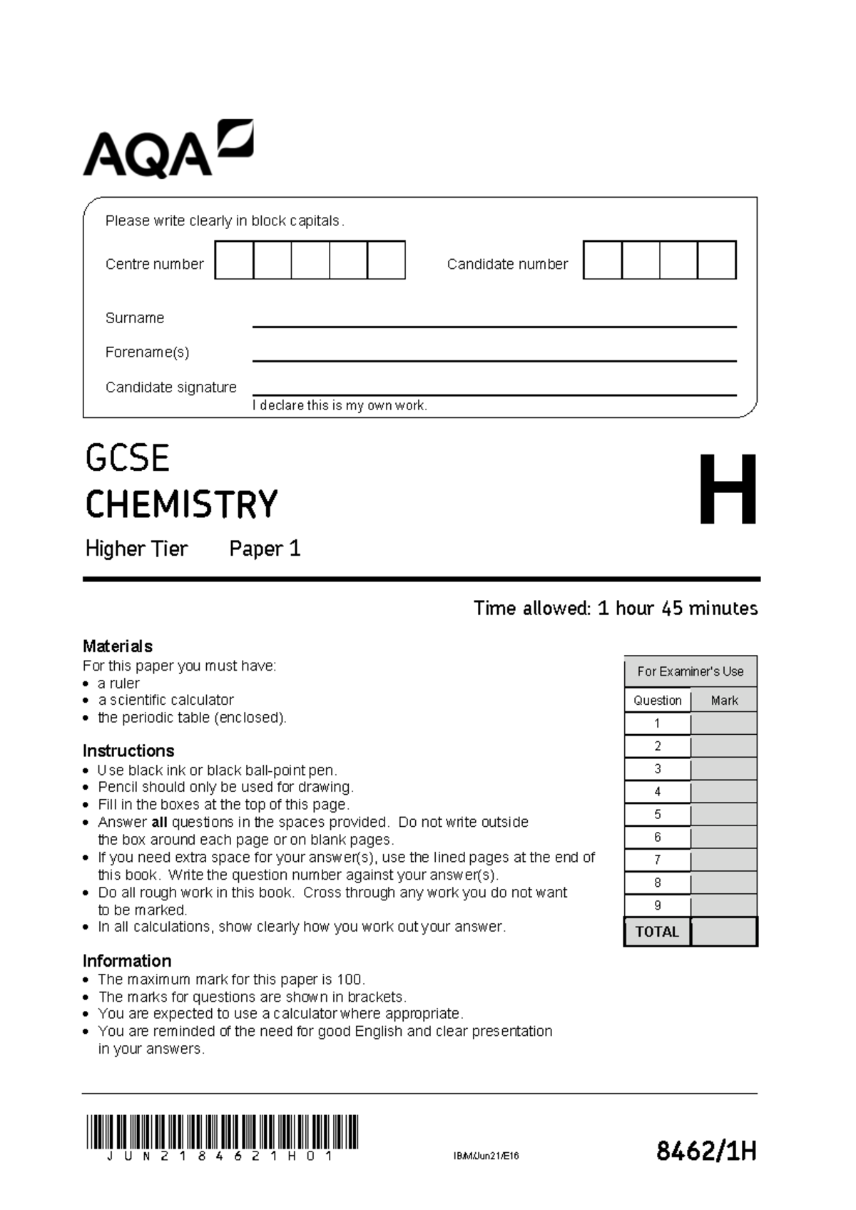 GCSE CHEMISTRY Higher Tier Paper 1 Exam Instructions and Questions ...