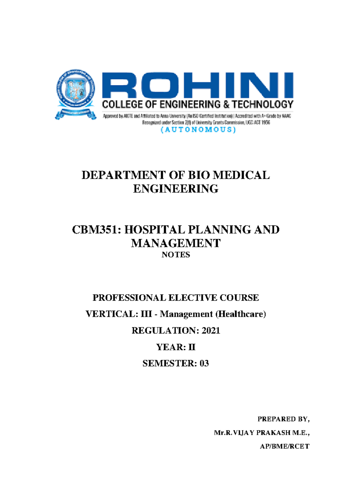 CBM351: Hospital Planning & Management Lecture Notes - Unit IV - Studocu
