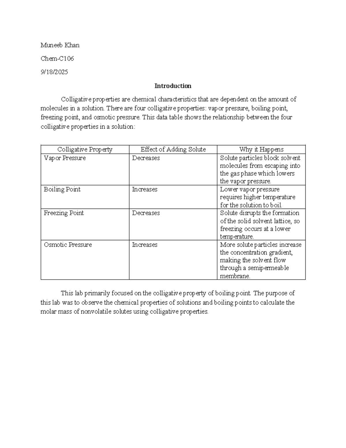 Colligative Properties Lab Summary - Muneeb Khan - Studocu