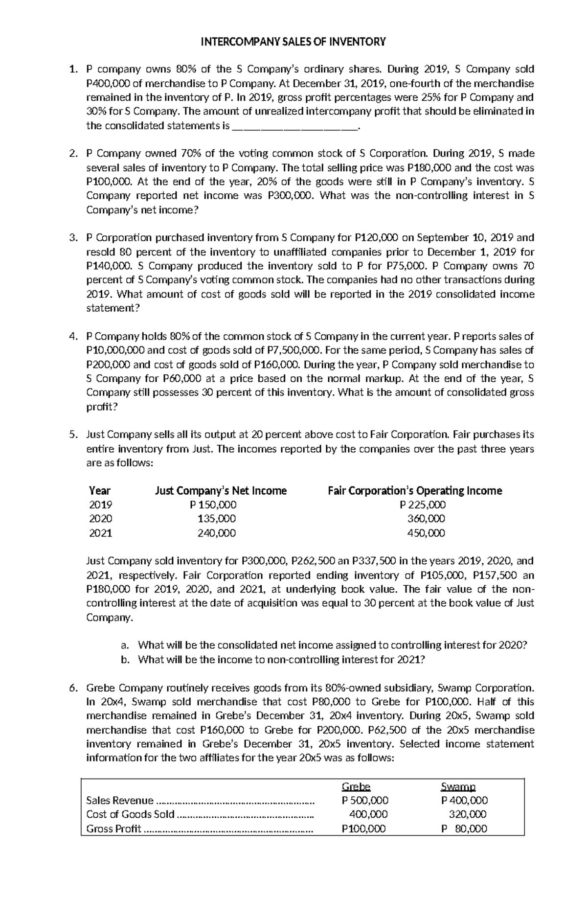 Intercompany Sales of Inventory - Problems & Solutions (ACCT 302) - Studocu