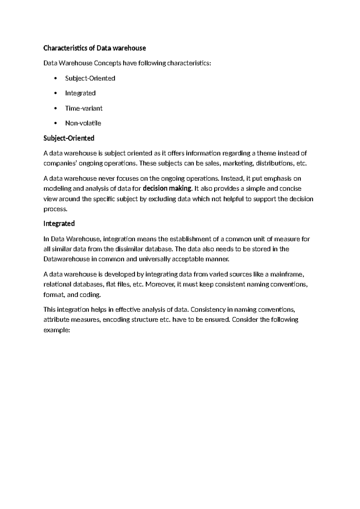 Characteristics of Data Warehouse: Key Concepts and Features - Studocu