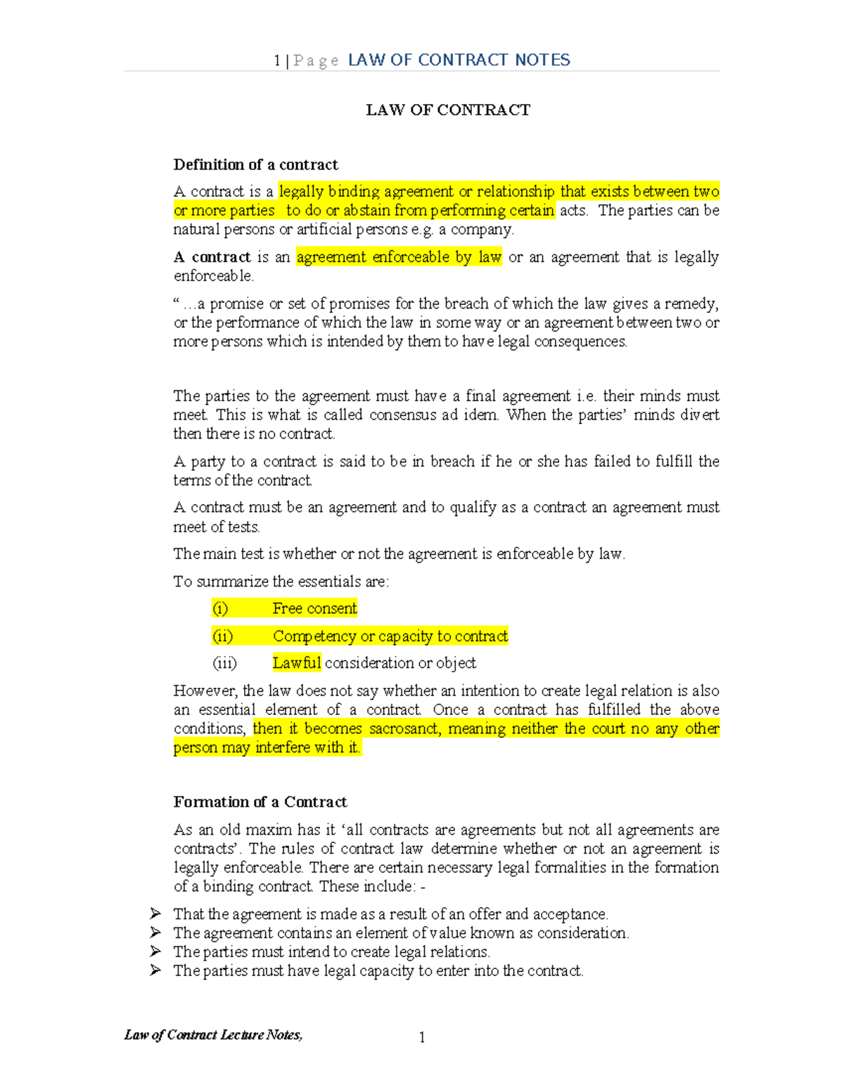LAW OF CONTRACT (LAW 101) Lecture Notes: Key Concepts and Principles ...