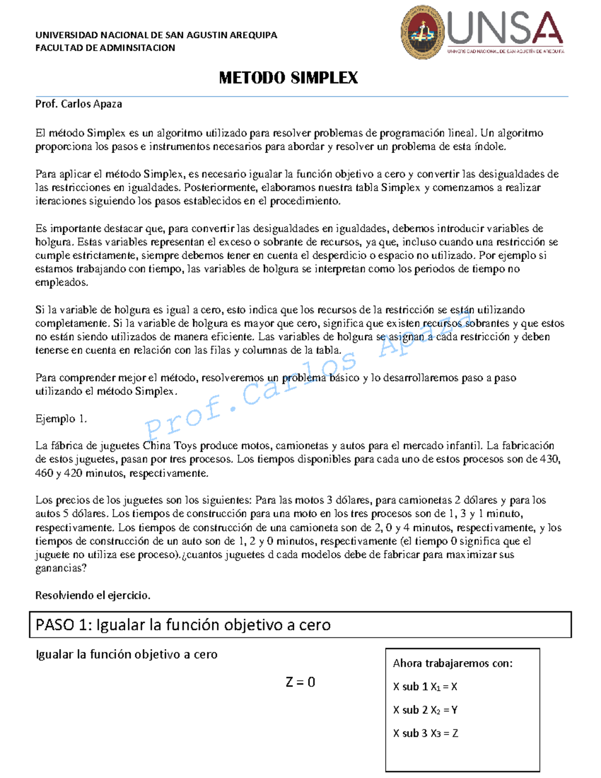 Método Simplex: Resolución de Problemas de Programación Lineal - Prof. Carlos - Studocu