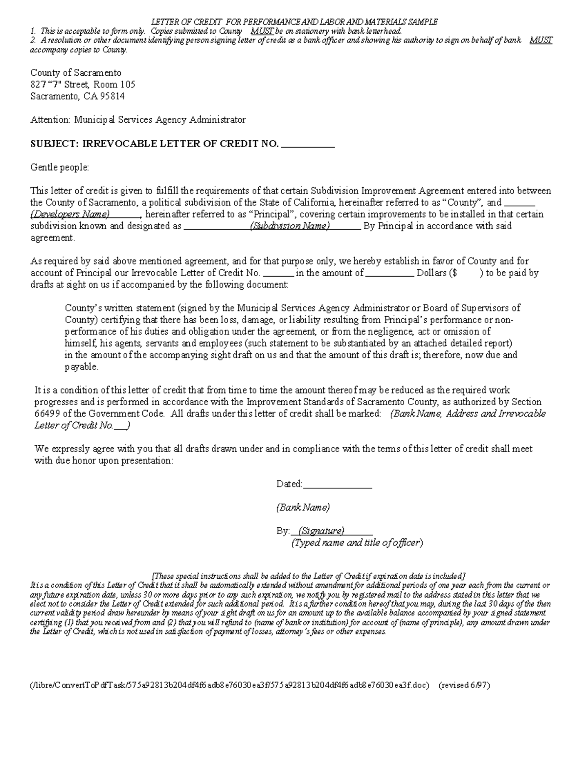 Irrevocable Letter of Credit Sample for Performance and Materials - Studocu