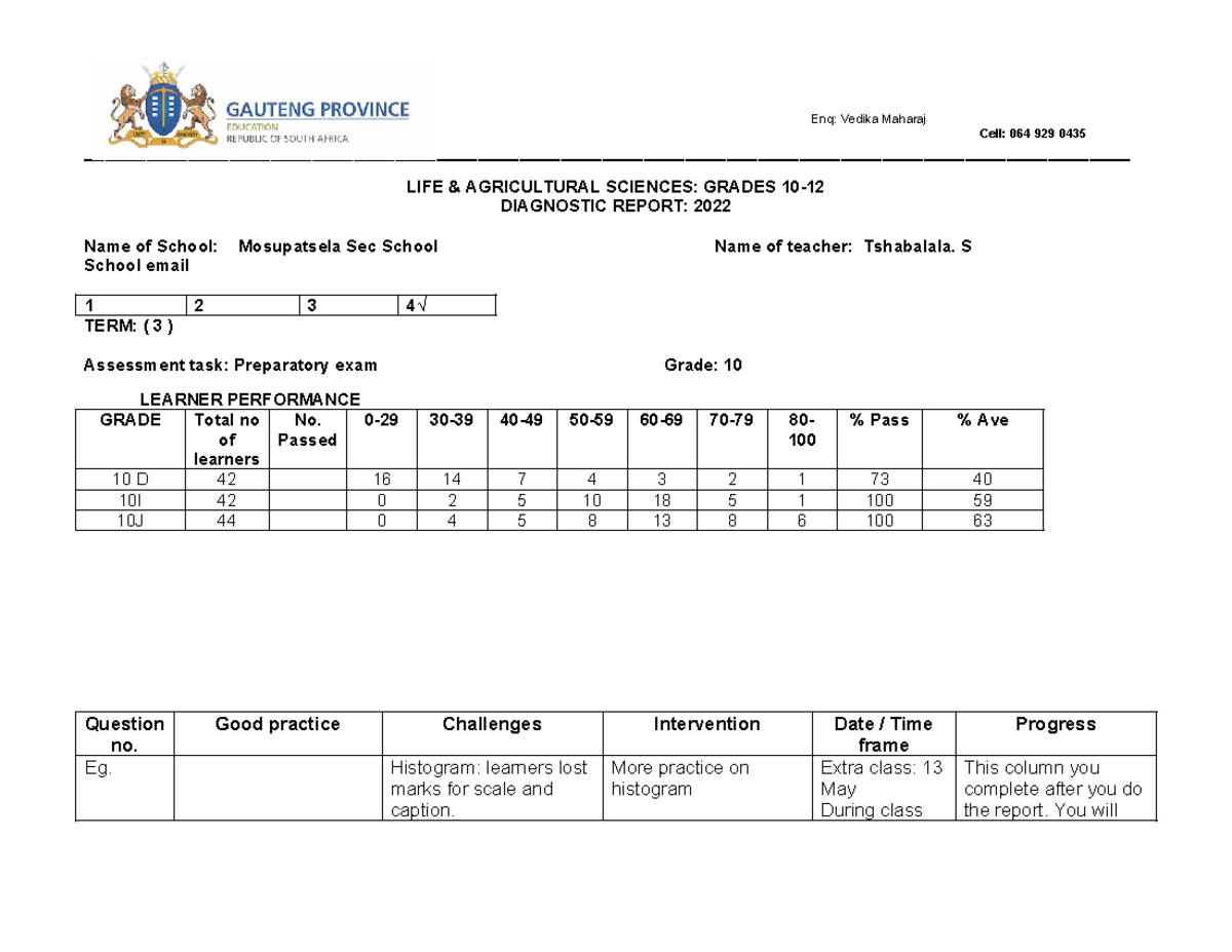 Grade 10 Diagnostic Report Template - Life & Agricultural Sciences ...