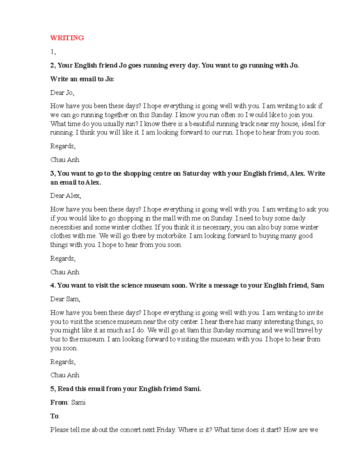 WRITING 1, 2, 3, 4, 5: Email Exercises for English Communication - Studocu