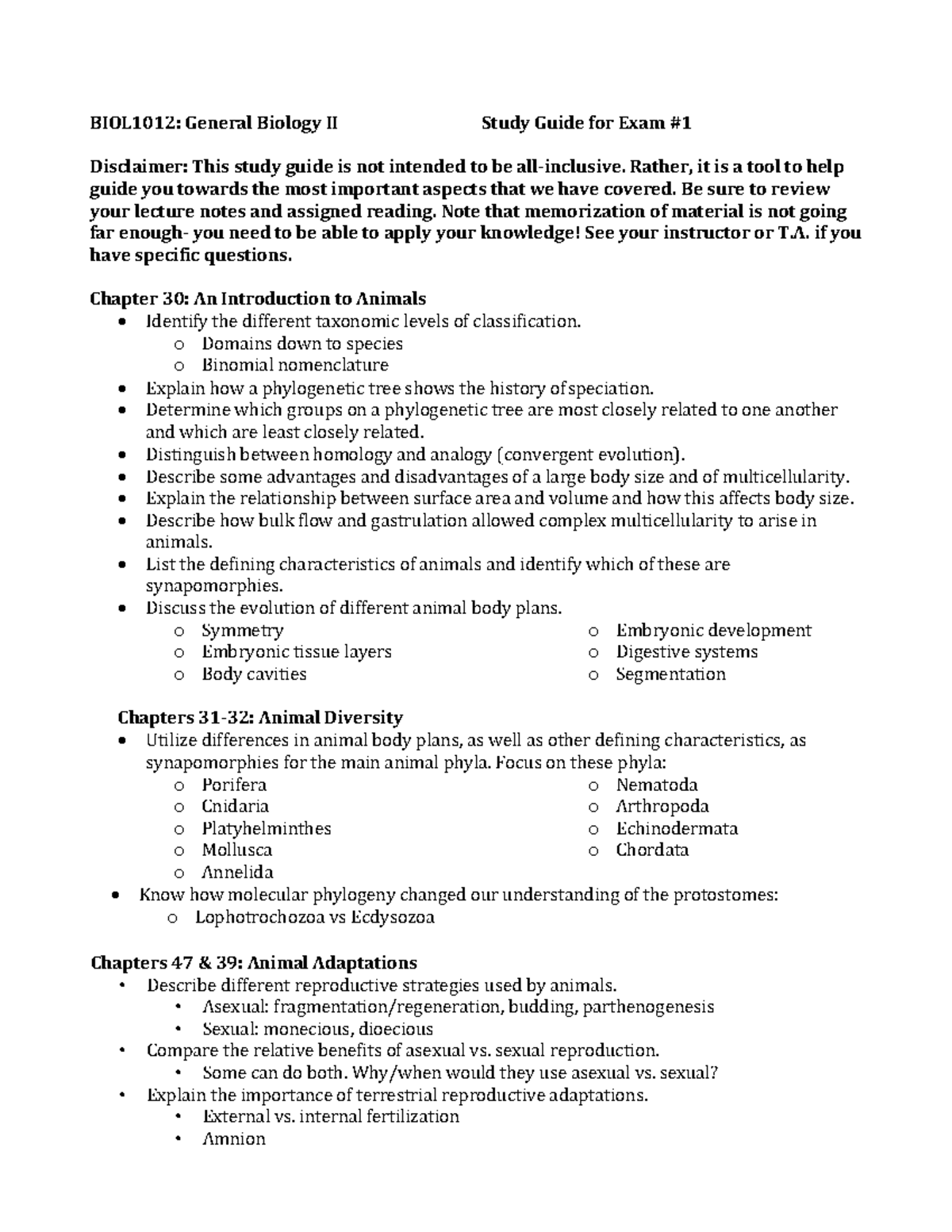 BIOL1012: General Biology II Study Guide for Exam #1 - Studocu