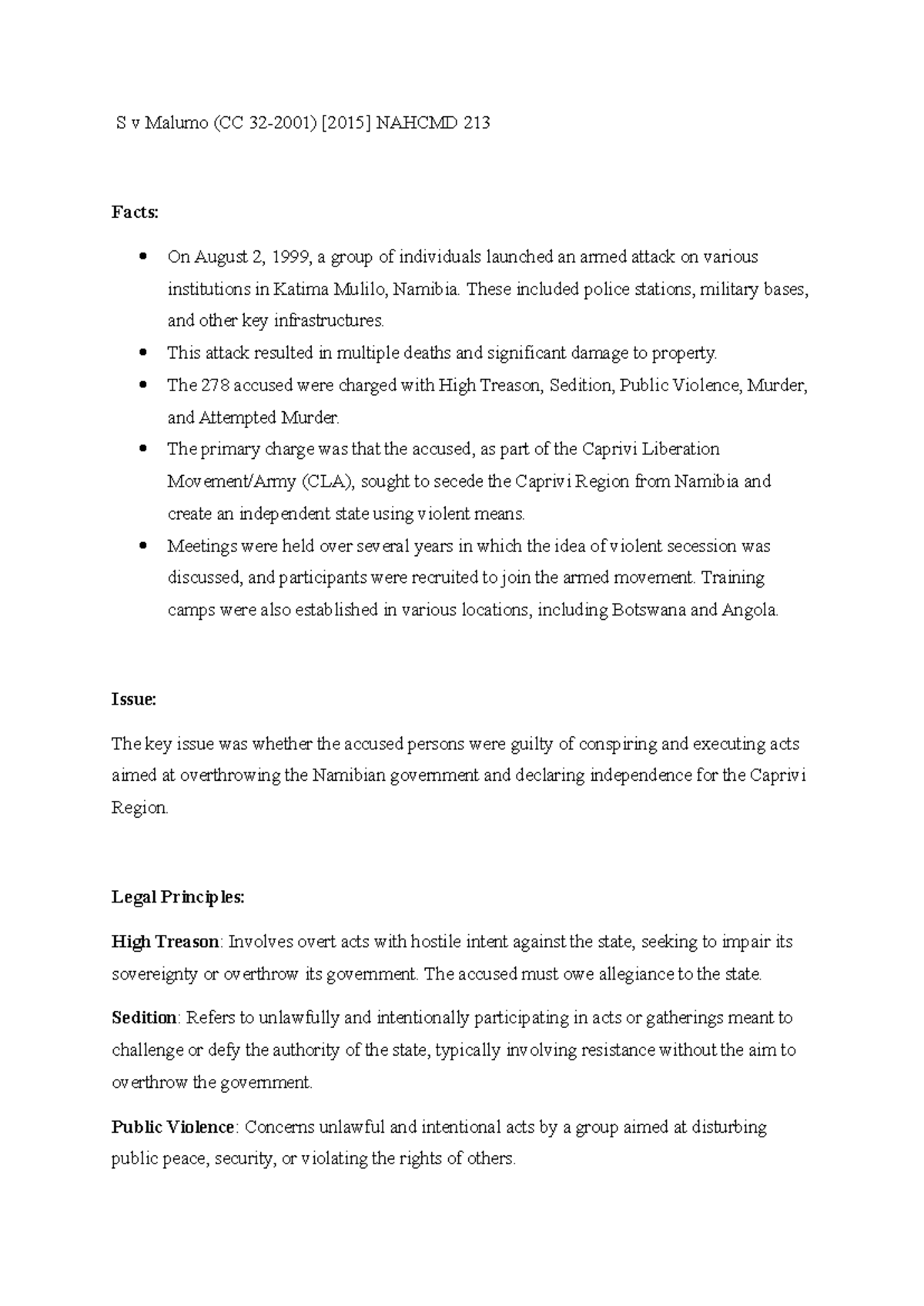 S v Malumo (CC 32-2001) [2015] NAHCMD 213 Case Summary and Findings ...