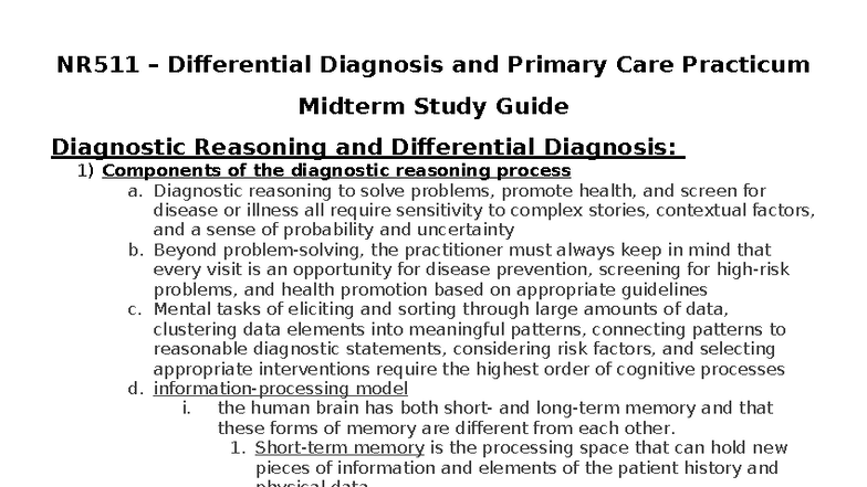 NR511 Midterm Study Guide: Diagnostic Reasoning & Differential Diagnosis - Studocu