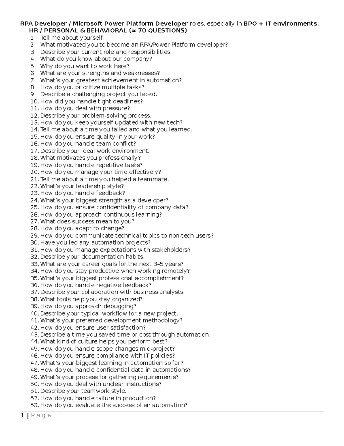 RPA Developer Interview Prep: 70 Questions for BPO IT Roles - Studocu