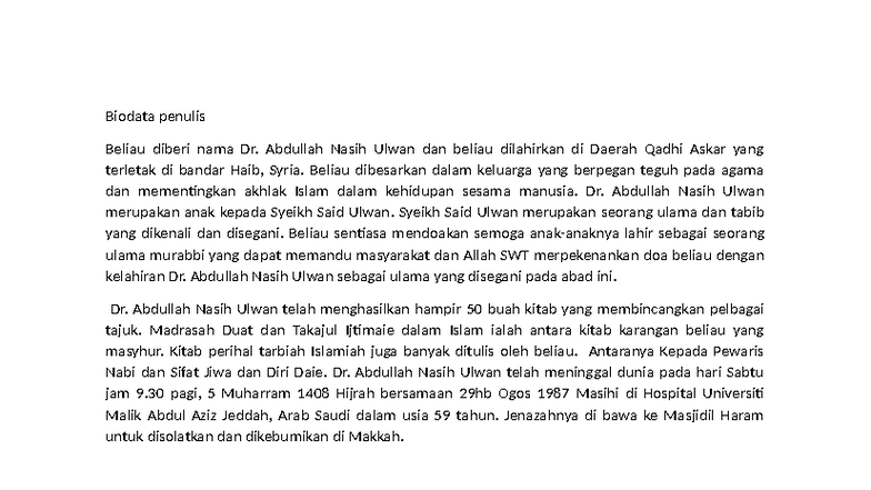 Biodata Dr. Abdullah Nasih Ulwan: Sejarah dan Sumbangan - Studocu