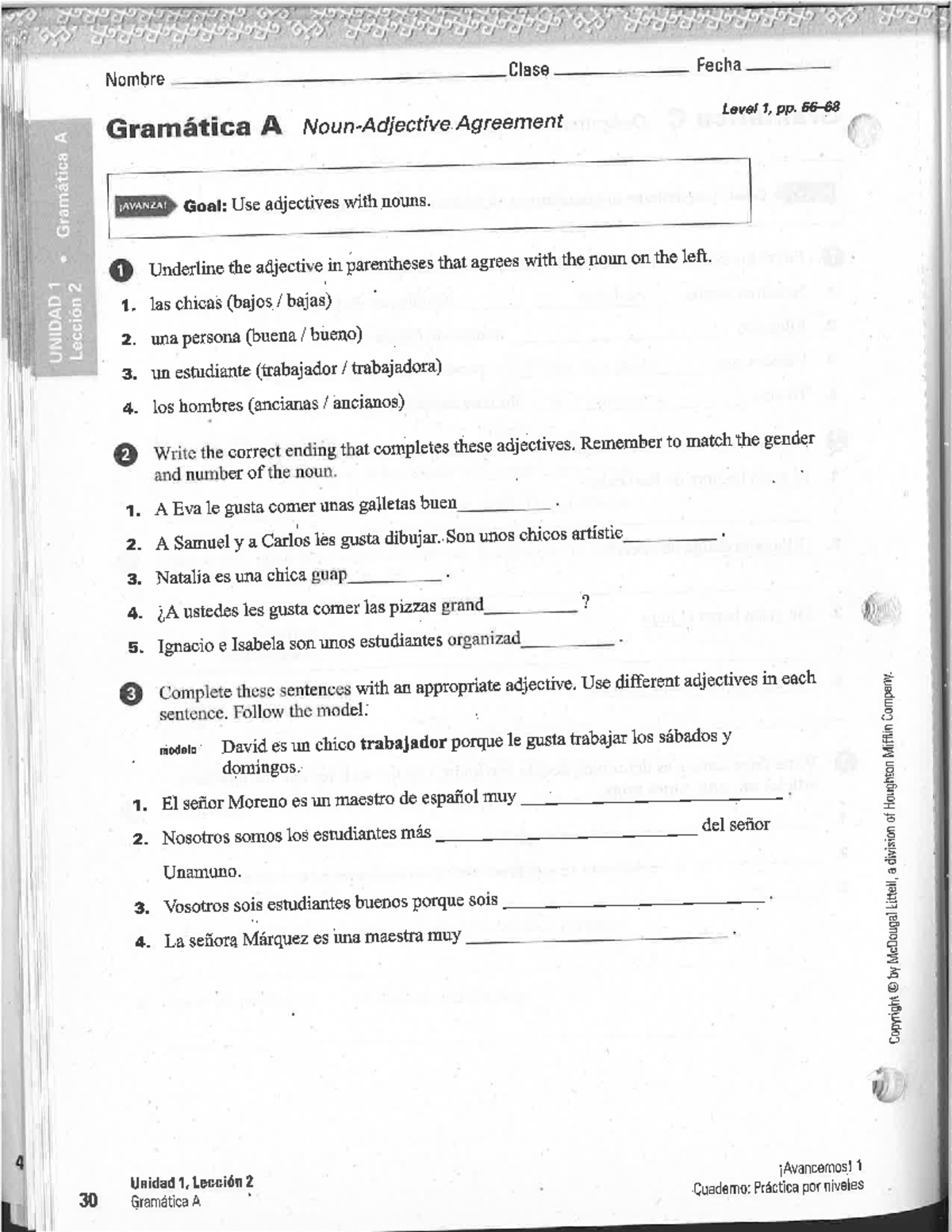 Spa 1 Gramática A-C Noun-Adjective Agreement Practice Guide - Studocu