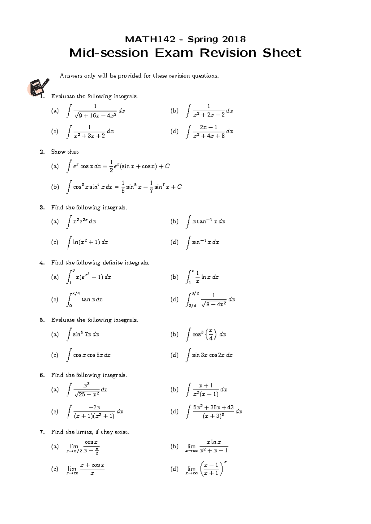 M142 MSE Revision - MATH142 Spring 2018 Exam Revision Sheet Answers ...