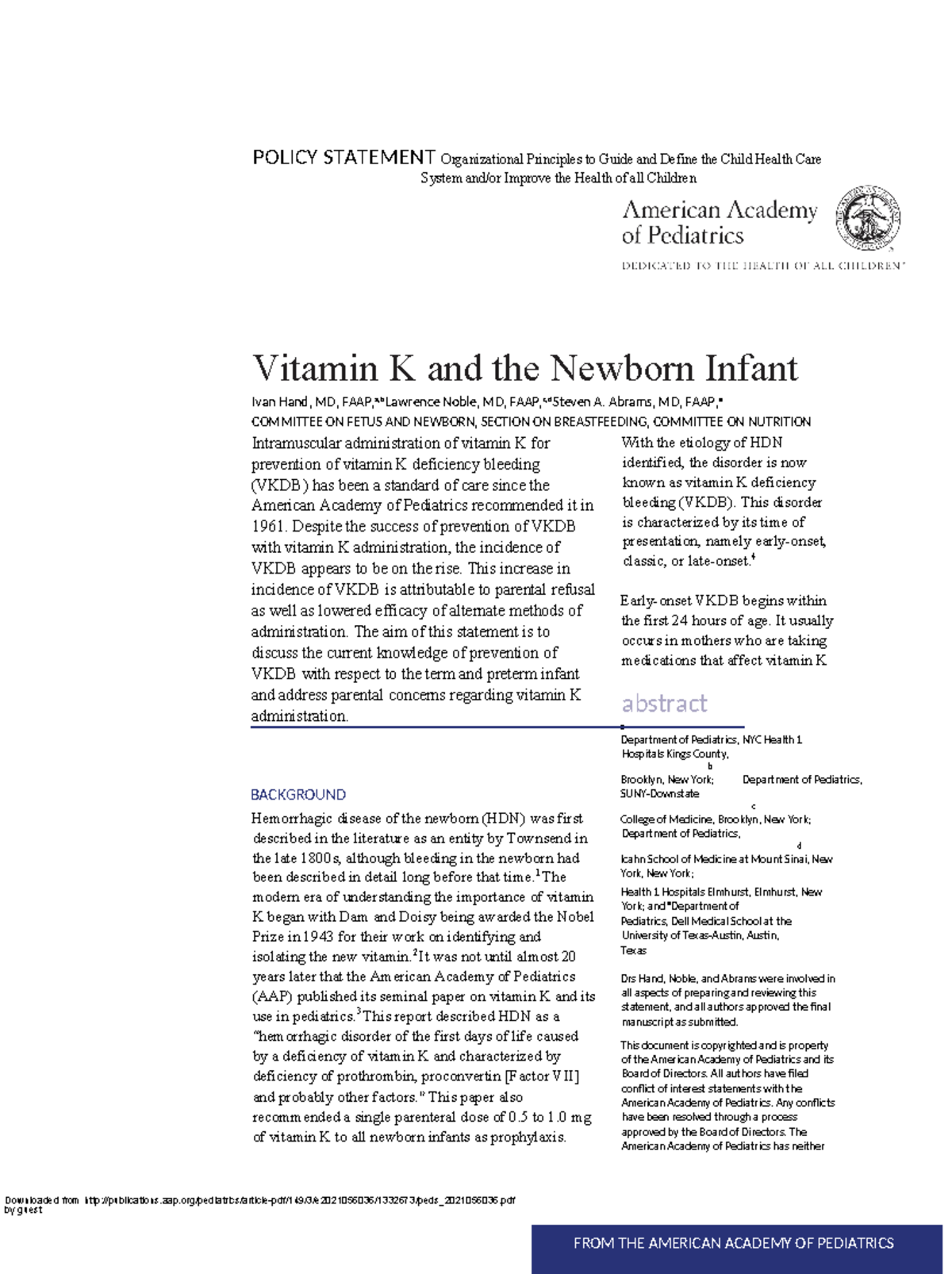 AAP Vit K and the Newborn Policy statement - POLICY STATEMENT ...