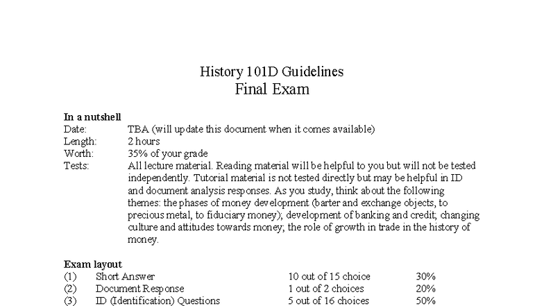 History 101D Final Exam Guidelines: Key Themes & Structure - Studocu