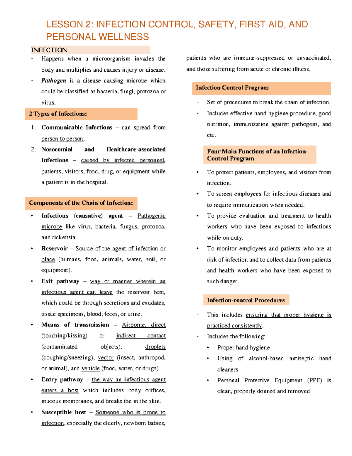 PMLS Lesson 2 - PMLS 2 prelims - LESSON 2: INFECTION CONTROL, SAFETY ...