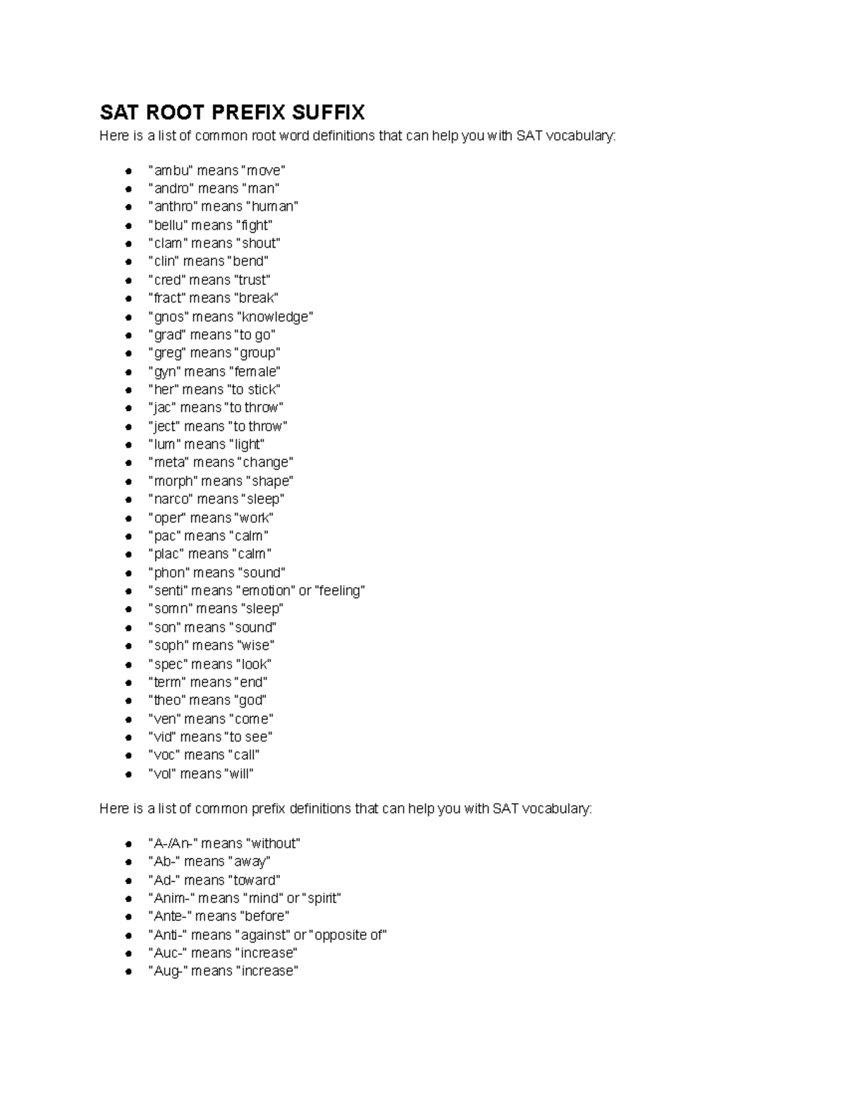 SAT Vocabulary: Key Roots, Prefixes & Suffixes for Success - Studocu