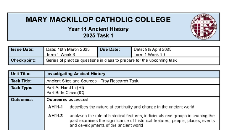 Year 11 Ancient History Assessment Task 1: Troy Research & Presentation ...
