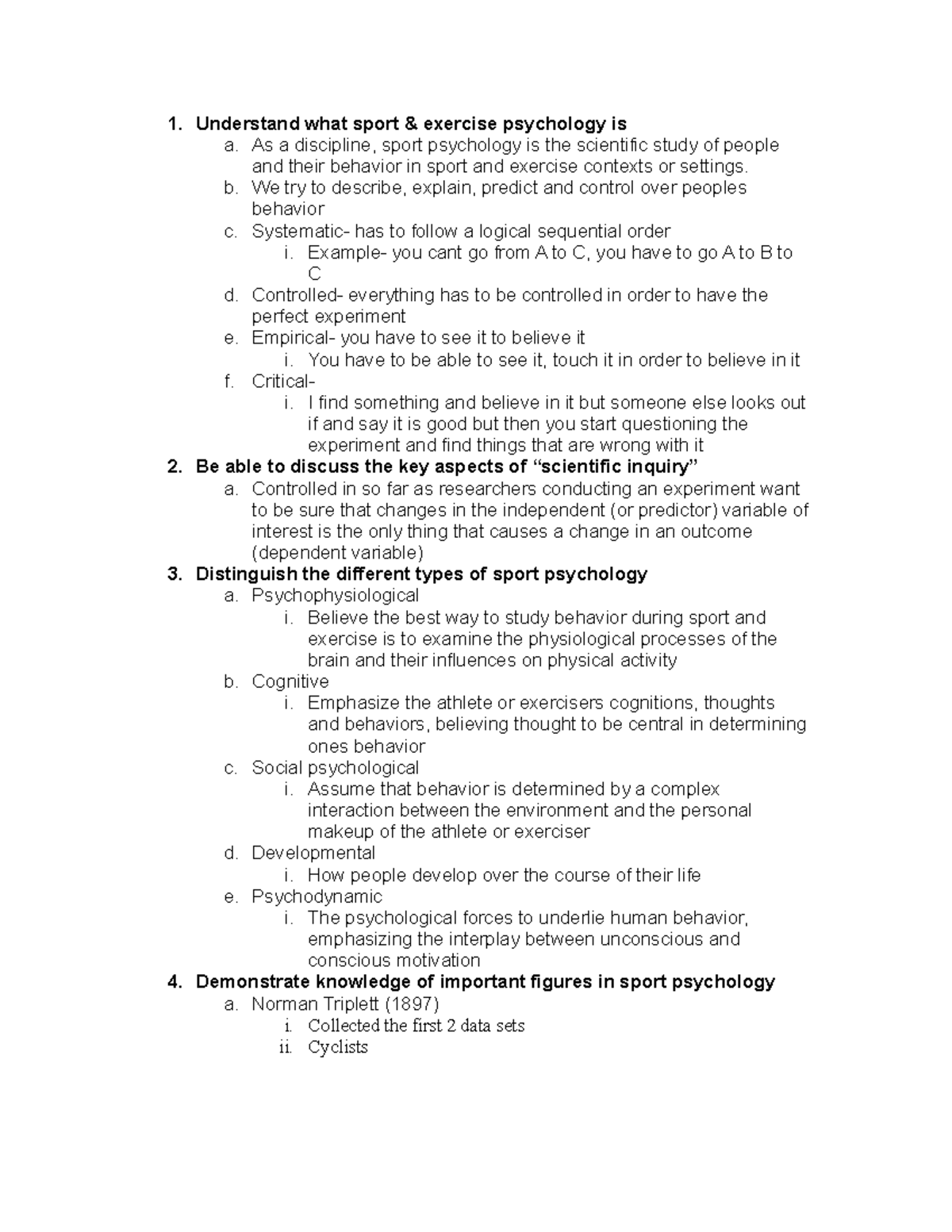 Study Guide - 1. Understand what sport exercise psychology is a. As a ...