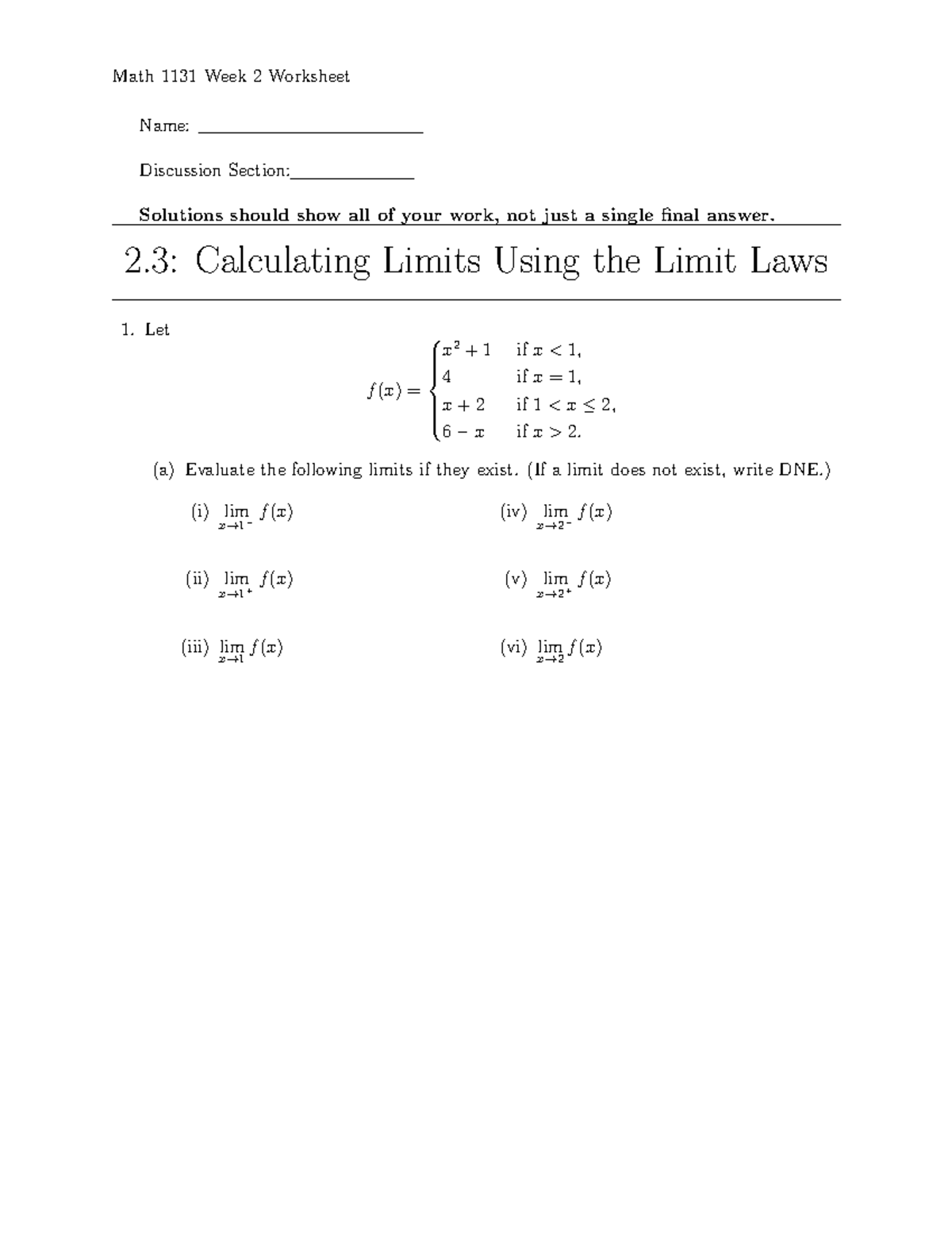 Math 1131 Week 2 Worksheet: Limit Calculations and Continuity - Studocu