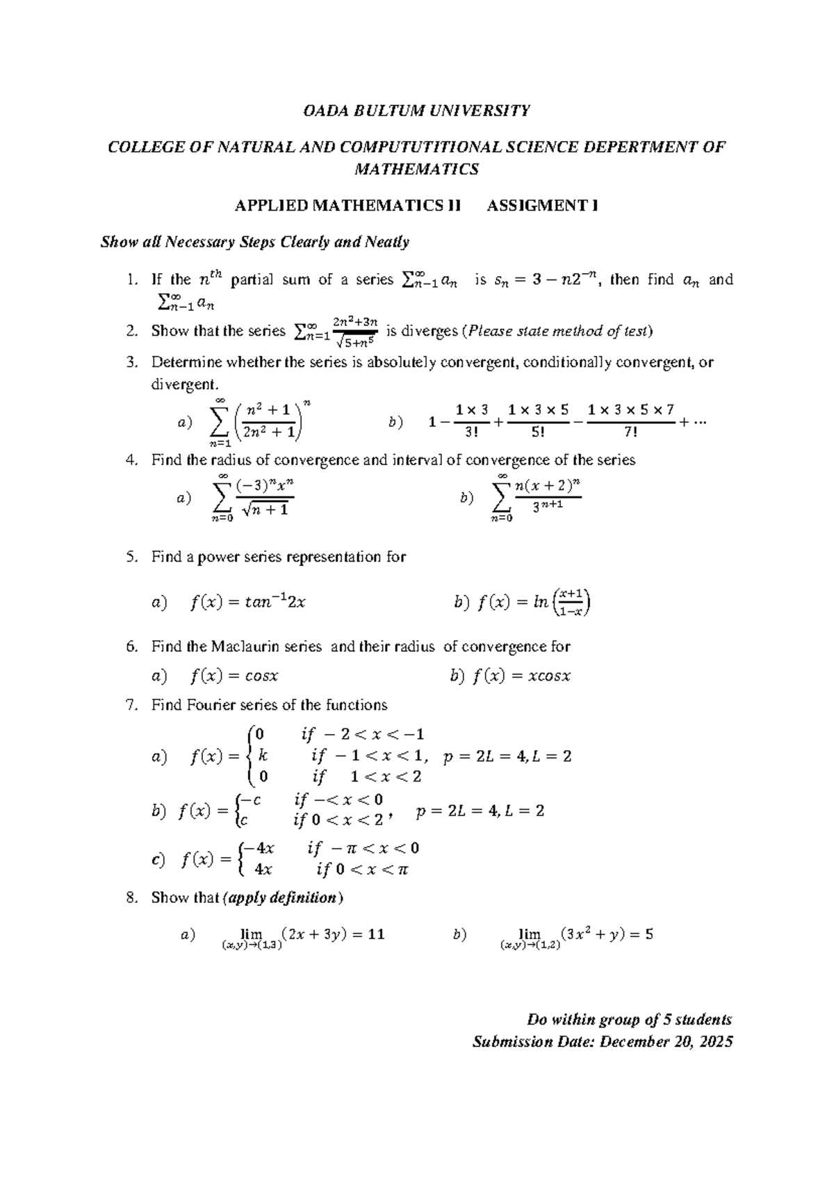 Applied Mathematics II (MATH 202) Assignment I: Detailed Solutions ...