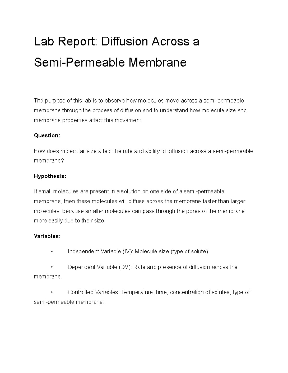 Lab Report: Diffusion Across a Semi-Permeable Membrane (BIO 101) - Studocu